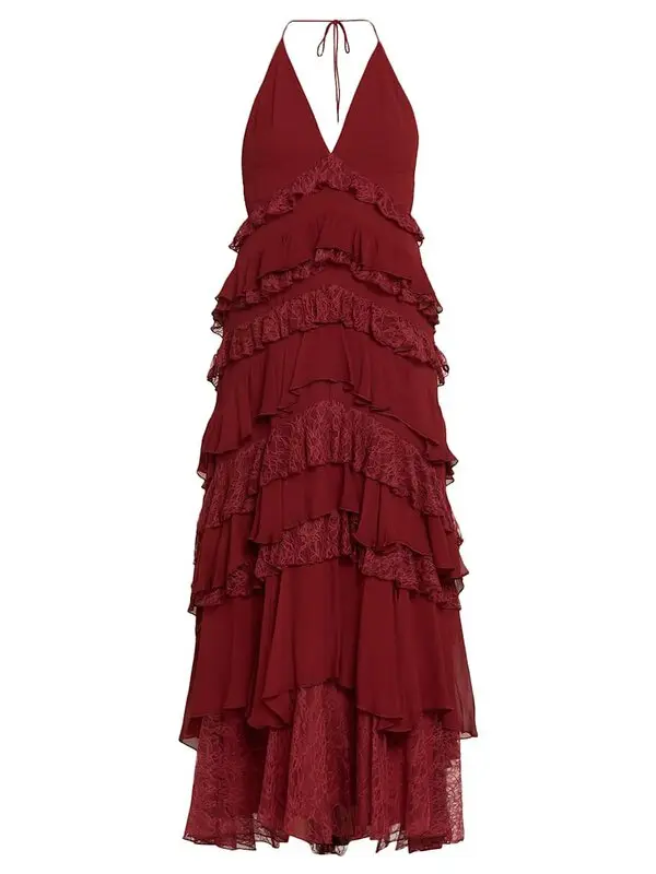 Alice + Olivia Liana V-neck Ruffle Maxi Dress - Oxblood