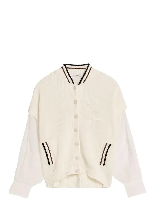 Brunello Cucinelli English Rib Varsity Cardigan With Organza Sleeves - Panama/offwhite