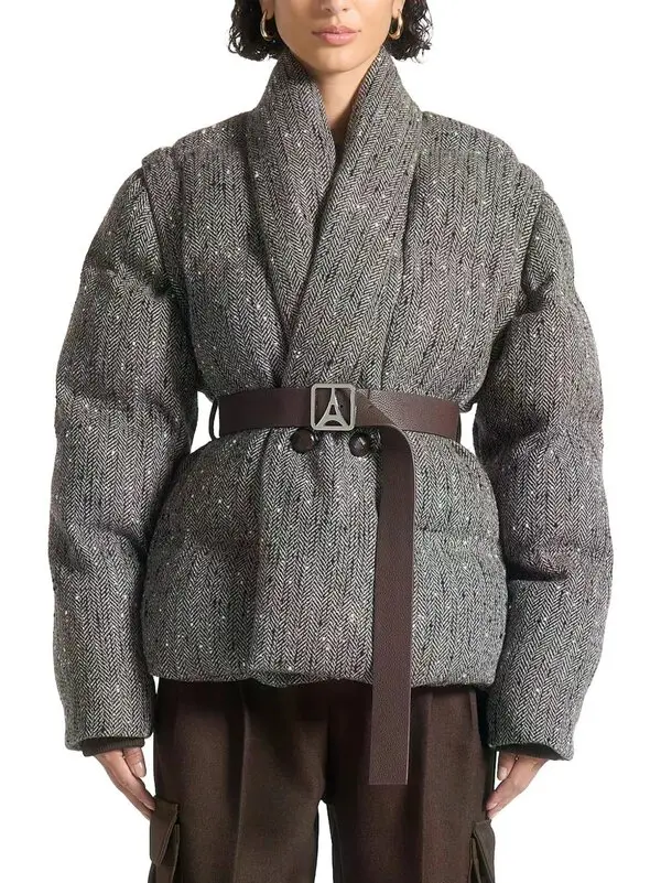Manière De Voir Inez Herringbone Belted Puffer Jacket - Grey