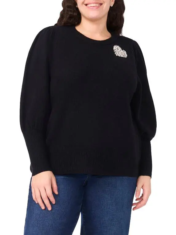 CECE DUPRAZ Faux Pearl Heart Applique Knit Sweater - Rich Black