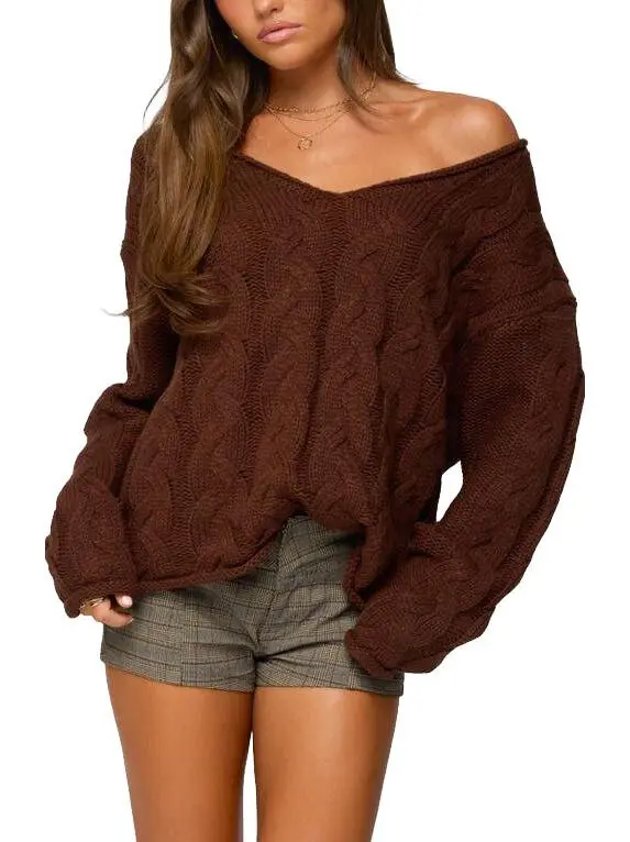 EDIKTED Inga Oversize Cable Stitch Sweater - Brown