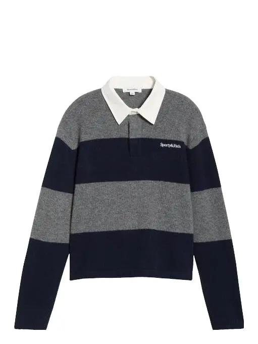 SPORTY & RICH Serif Logo Embroidered Cashmere & Wool Rugby Polo Sweater - Heather Gray/dark Navy/ecru