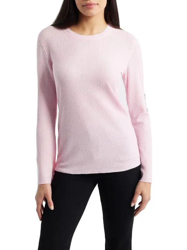 NIKKI LUND Fleur Embroidered Thermal Knit Top - Pink