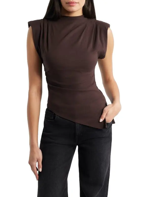 NIKKI LUND Cora Strong Shoulder Asymmetric Jersey Top - Brown