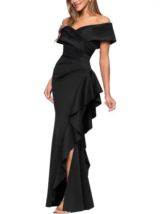 XSCAPE EVENINGS Off-the-shoulder Scuba Mermaid Gown - Black