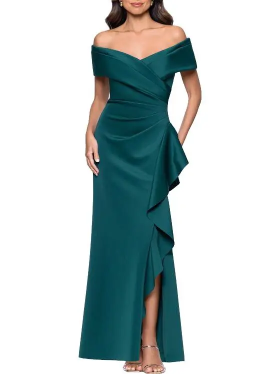 XSCAPE EVENINGS Off-the-shoulder Scuba Mermaid Gown - Hunter