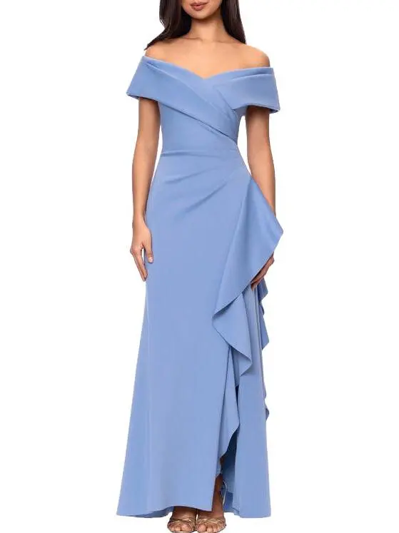 XSCAPE EVENINGS Off-the-shoulder Scuba Mermaid Gown - Slate