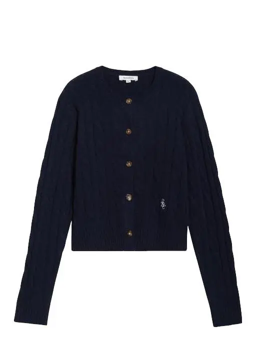 SPORTY & RICH Src Monogram Cashmere & Wool Cable Knit Cardigan - Dark Navy