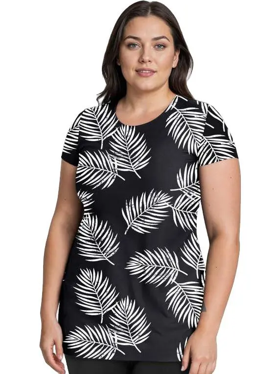 CALYPSA Swim Tunic Short Sleeve Round Neckline Upf 50 - Black Palms