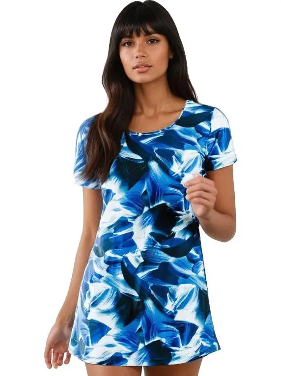 CALYPSA Swim Tunic Short Sleeve Round Neckline Upf 50 - Navy Wave