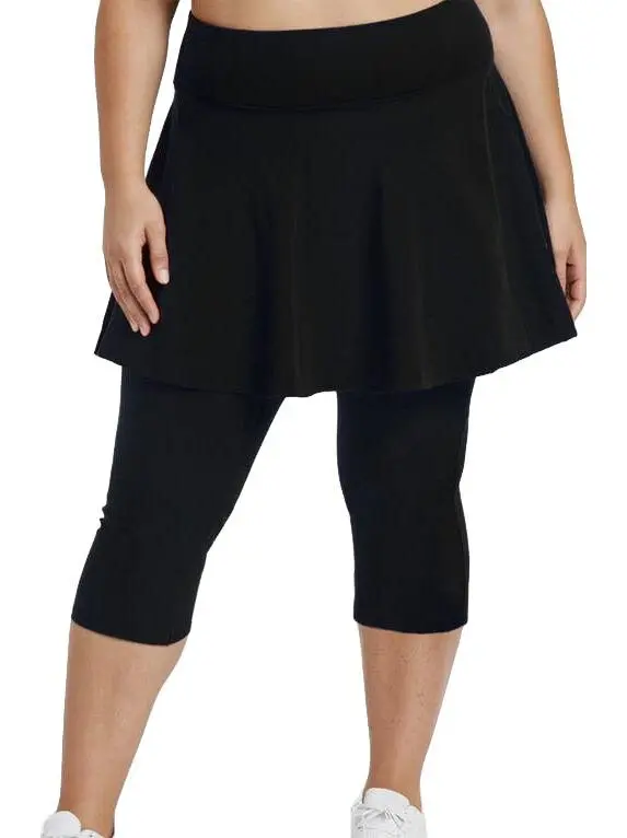 CALYPSA Flared Swim Skort With Capri Leggings - Black