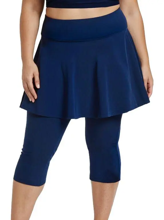 CALYPSA Flared Swim Skort With Capri Leggings - Navy