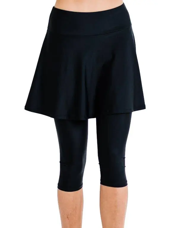 CALYPSA Flared Swim Skort With Capri Leggings - Black