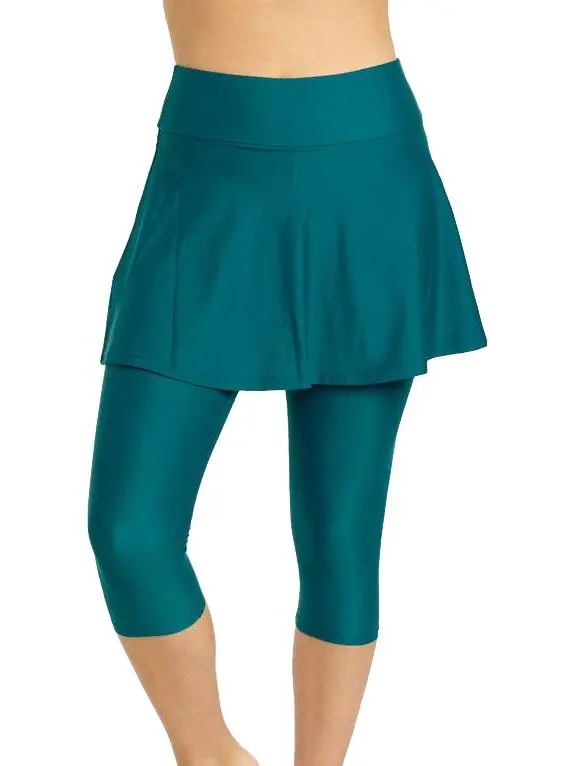 CALYPSA Flared Swim Skort With Capri Leggings - Dark Jade