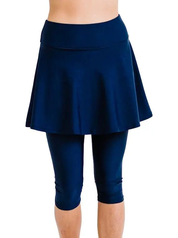 CALYPSA Flared Swim Skort With Capri Leggings - Navy