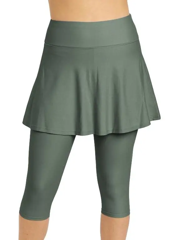 CALYPSA Flared Swim Skort With Capri Leggings - Sage Green