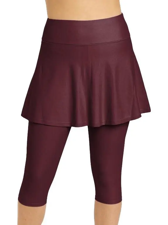 CALYPSA Flared Swim Skort With Capri Leggings - Wine