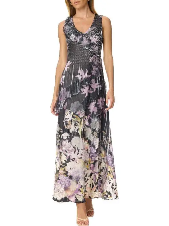 Komarov Border Print Chiffon And Charmeuse Maxi Dress - Orchid Border