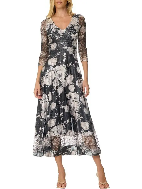 Komarov Floral Lace Sleeve Dress - Night Rose