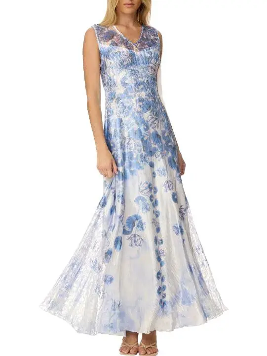 Komarov Floral Border Maxi Dress With Lace Up Back - Indigo Vine