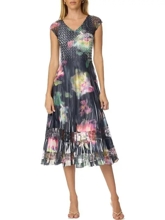 Komarov Floral Print Cap Sleeve Dress - Phantom Bloom