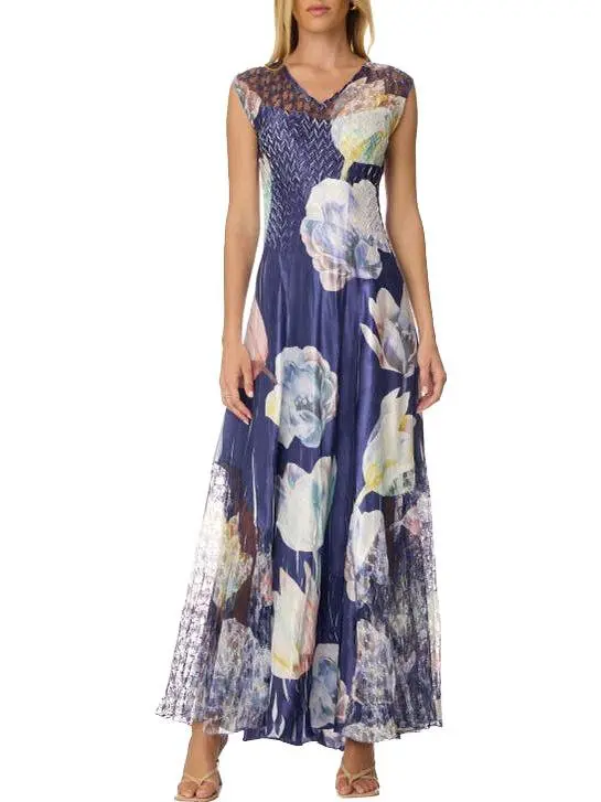 Komarov Floral Lace-up Back Maxi Dress - Indigo Bloom