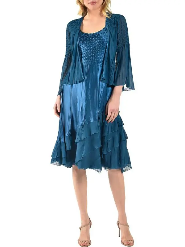 Komarov Charmeuse & Chiffon Tiered Midi Dress With Jacket - Mediterranean