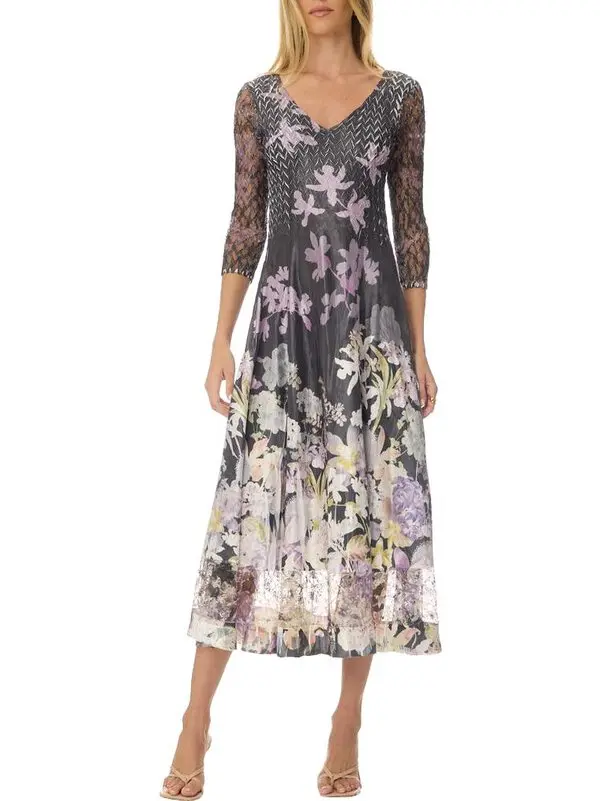 Komarov Floral Lace-sleeve Charmeuse Dress - Orchid Border