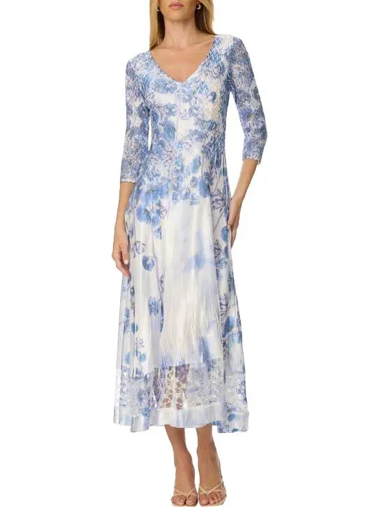 Komarov Border Print Charmeuse Dress With Lace Sleeves - Indigo Vine