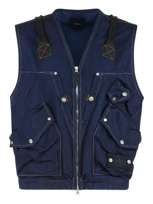 Stone Island Denim Gilet With Zip And Pockets - Navy