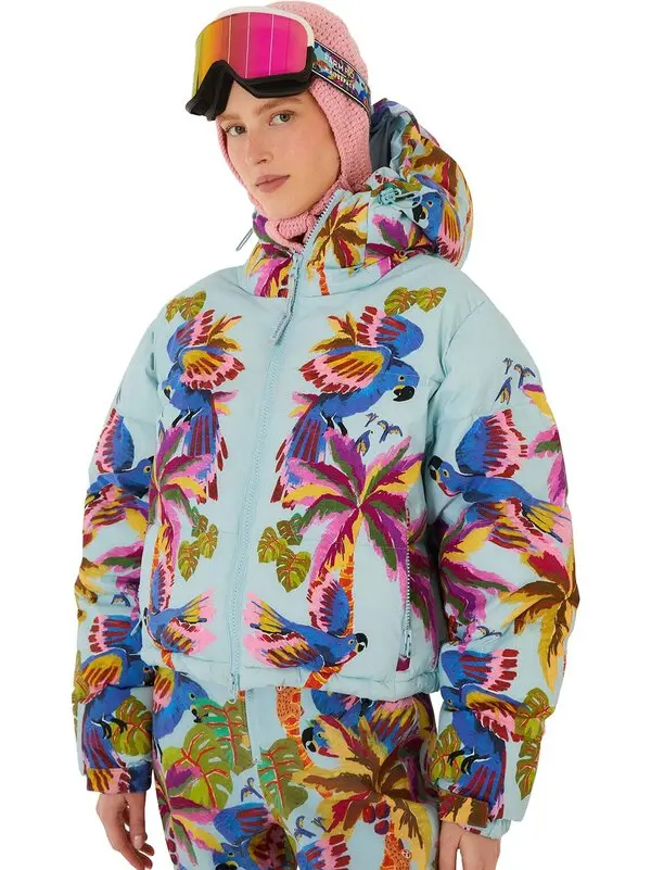 FARM RIO WHITESPACE Printed Hooded Puffer Ski Jacket - Macaw Blue