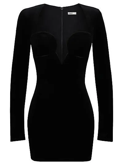 House Of Cb Long-sleeve Velvet-jersey Mini Dress - Black