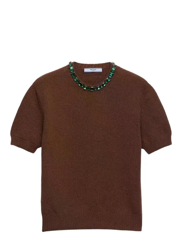 Prada Jewel Embellished Wool Cashmere Blend Sweater - Brown