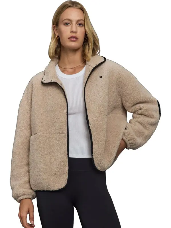 KERRI ROSENTHAL Fleece Snap-front Jacket With Heart Elbow Patches - Camel Cream