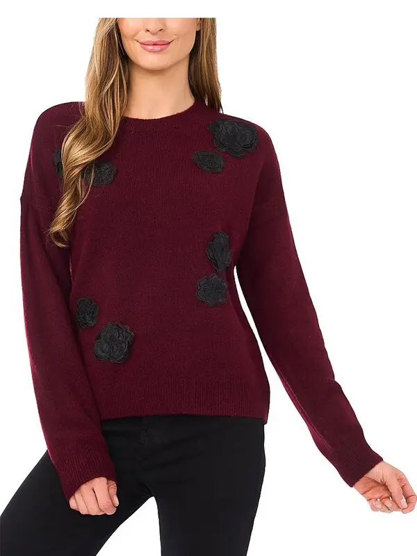CECE DUPRAZ Flower Applique Crewneck Sweater - Wine