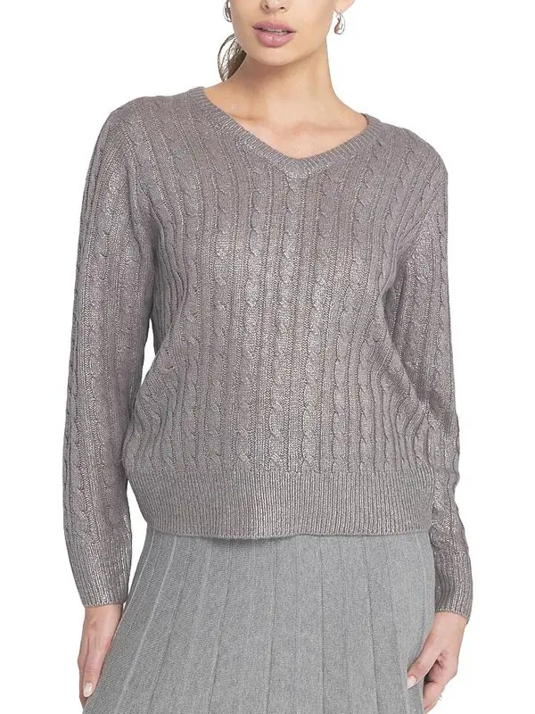 ELLE COLLECTION Metallic Cable Knit Pullover - Silver