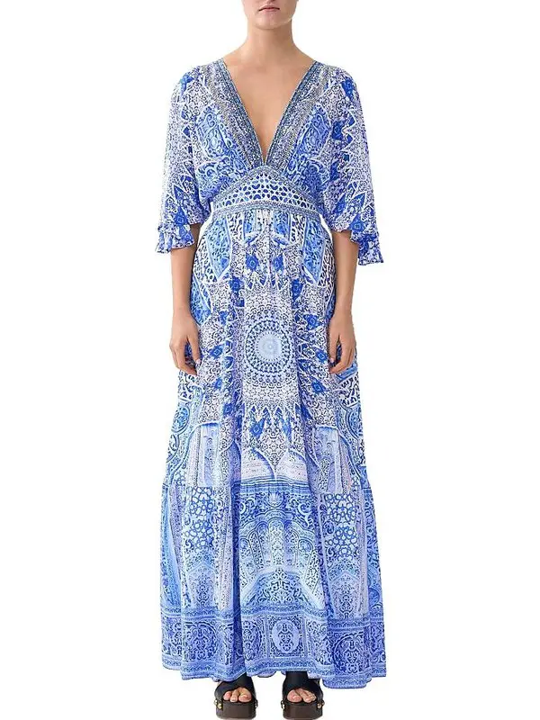 Camilla V Neck Silk Maxi Dress - The Bosphorus