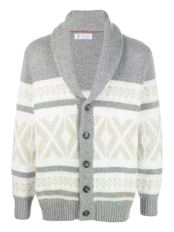 Brunello Cucinelli Pattern-intarsia Knitted Cashmere Cardigan - Grey