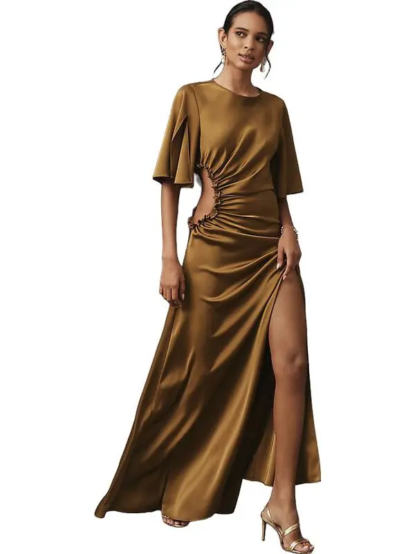 ONE33 The Marie Short-sleeve Cutout Satin Maxi Dress - Gold