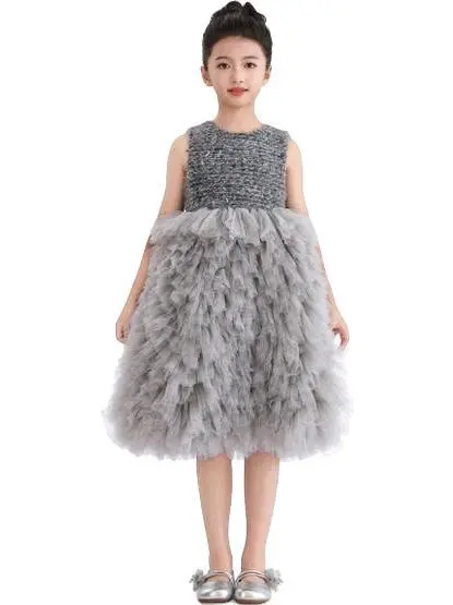 TULLEEN Textured Bodice Tulle Gown - Silver