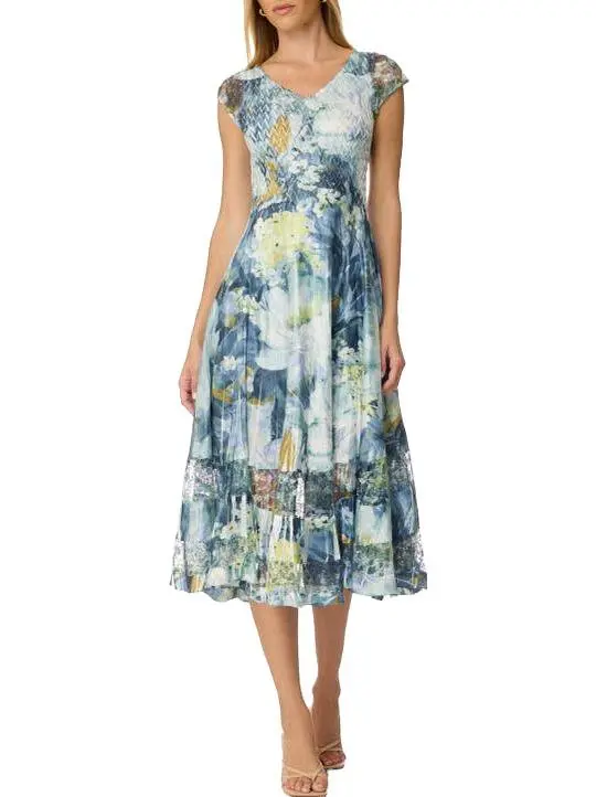 Komarov Abstract Floral Charmuese Dress With Lace Cap Sleeves - Painted Petal