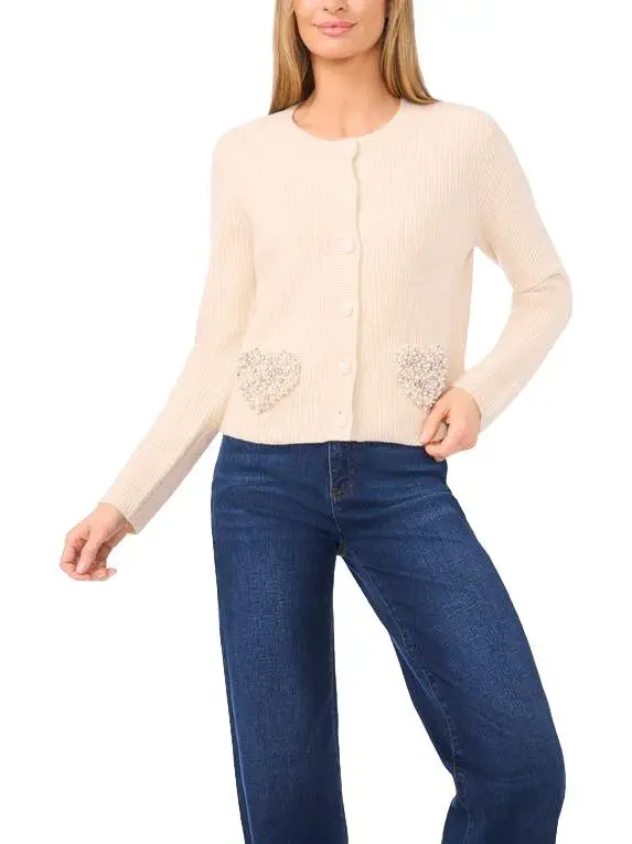 CECE DUPRAZ Rhinestone Heart Pocket Cardigan - Birch