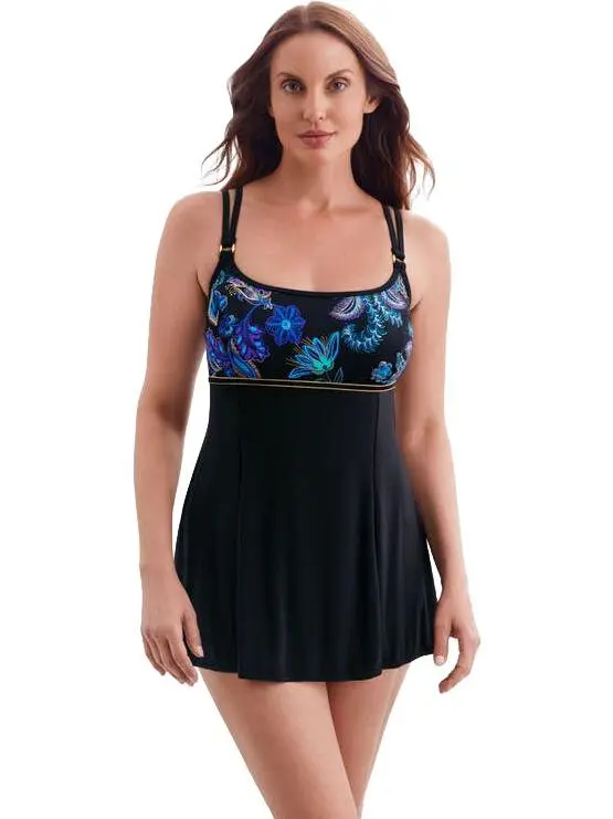 LONGITUDE Empire Princess Seam Long Torso Swim Dress With Hardware - Majorelle Garden