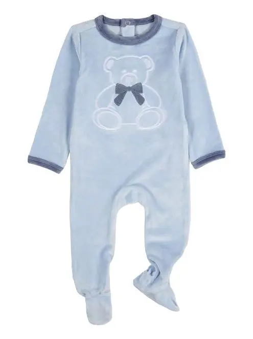 MINIMOI Teddy Bear Embossed Velour Footie - Pearl Blue