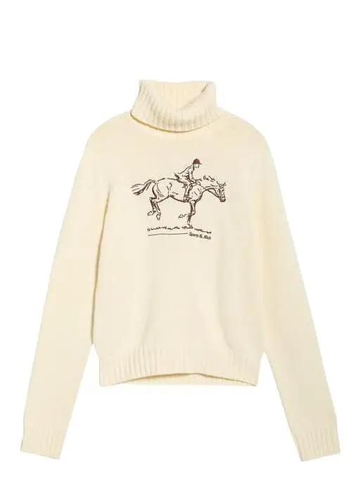 SPORTY & RICH Horse Embroidered Cotton Turtleneck Sweater - Ecru