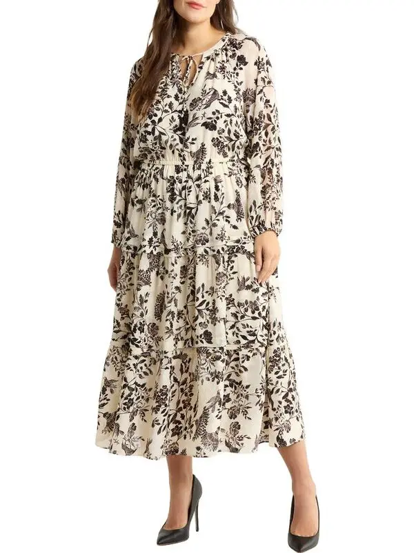 Anne Klein Floral Print Long Sleeve Dress - Swan White/anne Black