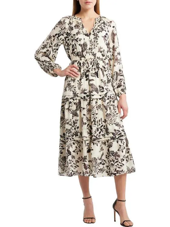 Anne Klein Floral Print Long Sleeve Dress - Swan White/anne Black
