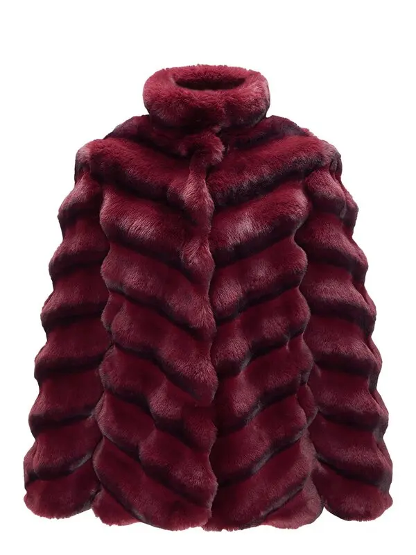 LYLA GRANT Fur-free Chevron Faux Chinchilla Coat - Wine Chinc