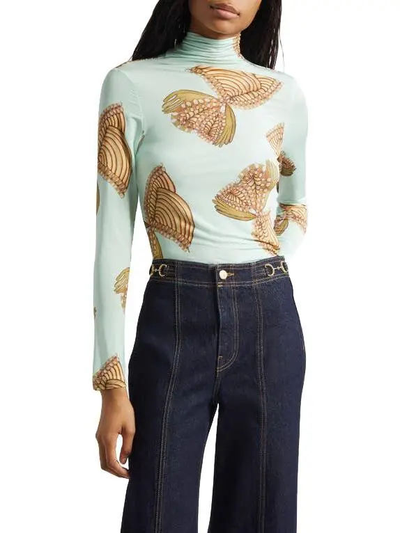 Ulla Johnson Aurelia Butterfly Print Turtleneck Top - Water Blossoms