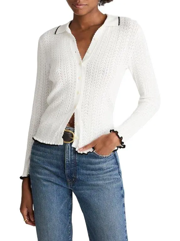 Madewell Ruffle Trim Pointelle Cardigan - Soft White W/black Tipping